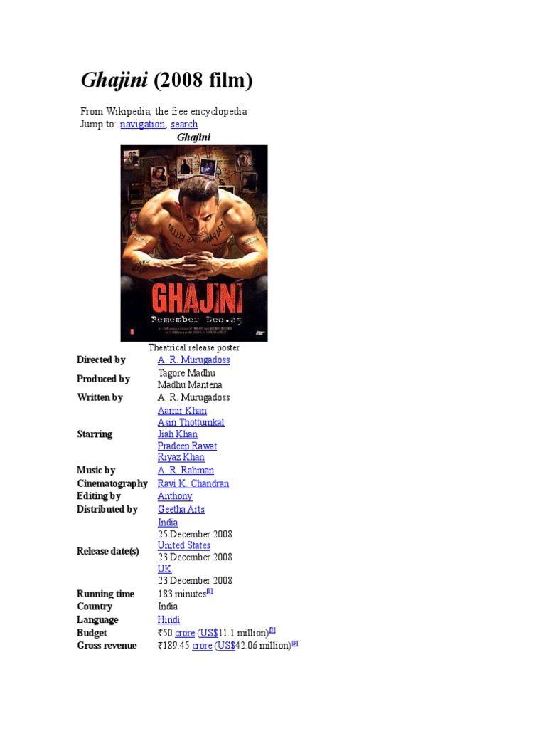 Ghajini (2008 Film) : From Wikipedia, The Free Encyclopedia Jump To | PDF | Leisure