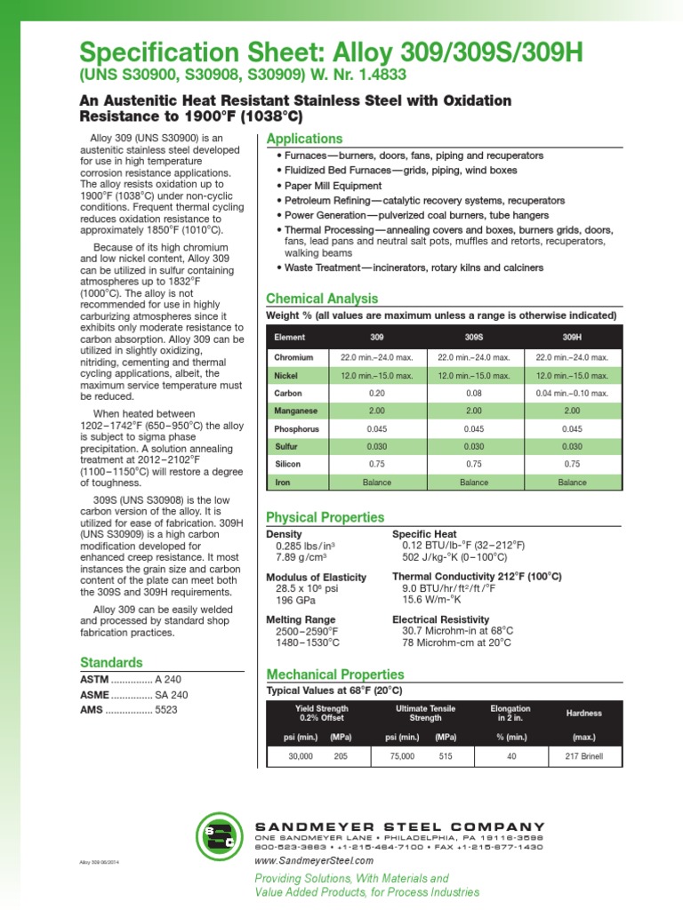 Specification Sheet: Alloy 309/309S/309H: (UNS S30900, S30908, S30909 ...