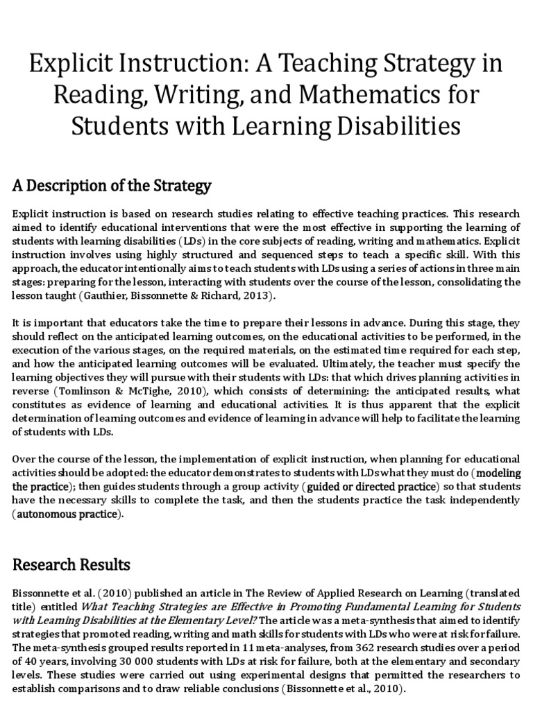 Explicit Instruction: A Teaching Strategy in Reading, Writing, and ...