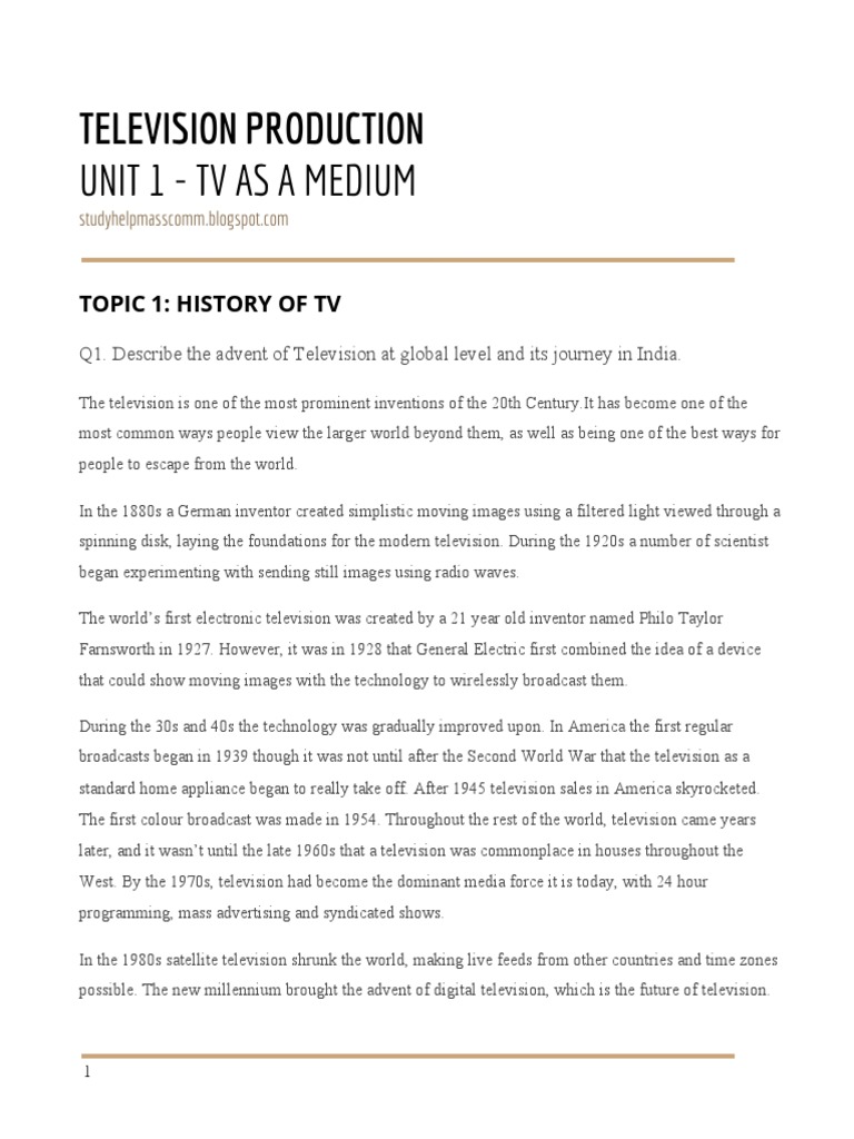 Unit 1 - TV As A Medium: Television Production | PDF | Filmmaking ...