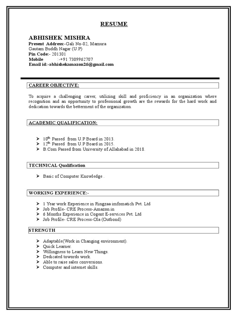 Resume Abhishek Mishra: Present Address:-Gali No-02, Mamura Pin Code ...