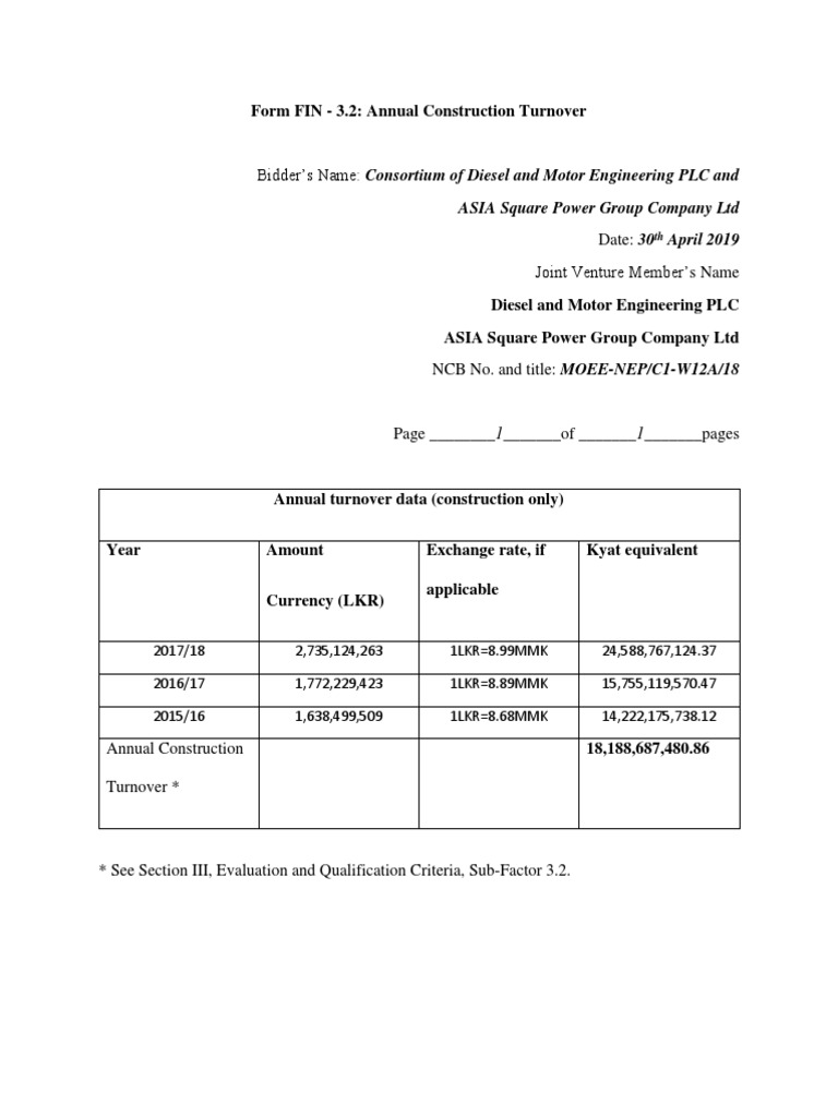 Form FIN 3.2 Annual Construction Turnover | PDF