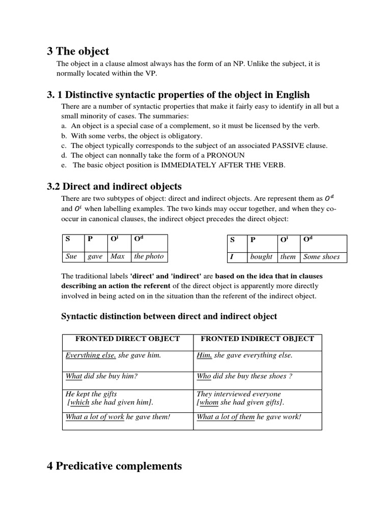 Understanding Objects in English Syntax | PDF | Object (Grammar) | Clause