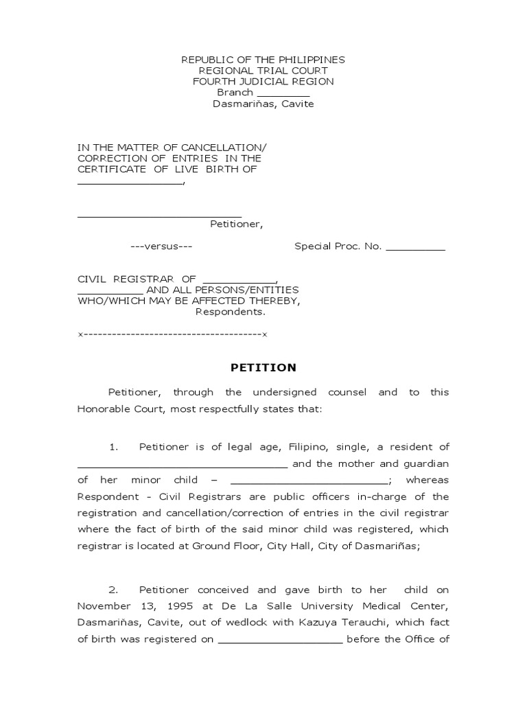 Petition For Correction Sample Form | PDF | Public Law | Government