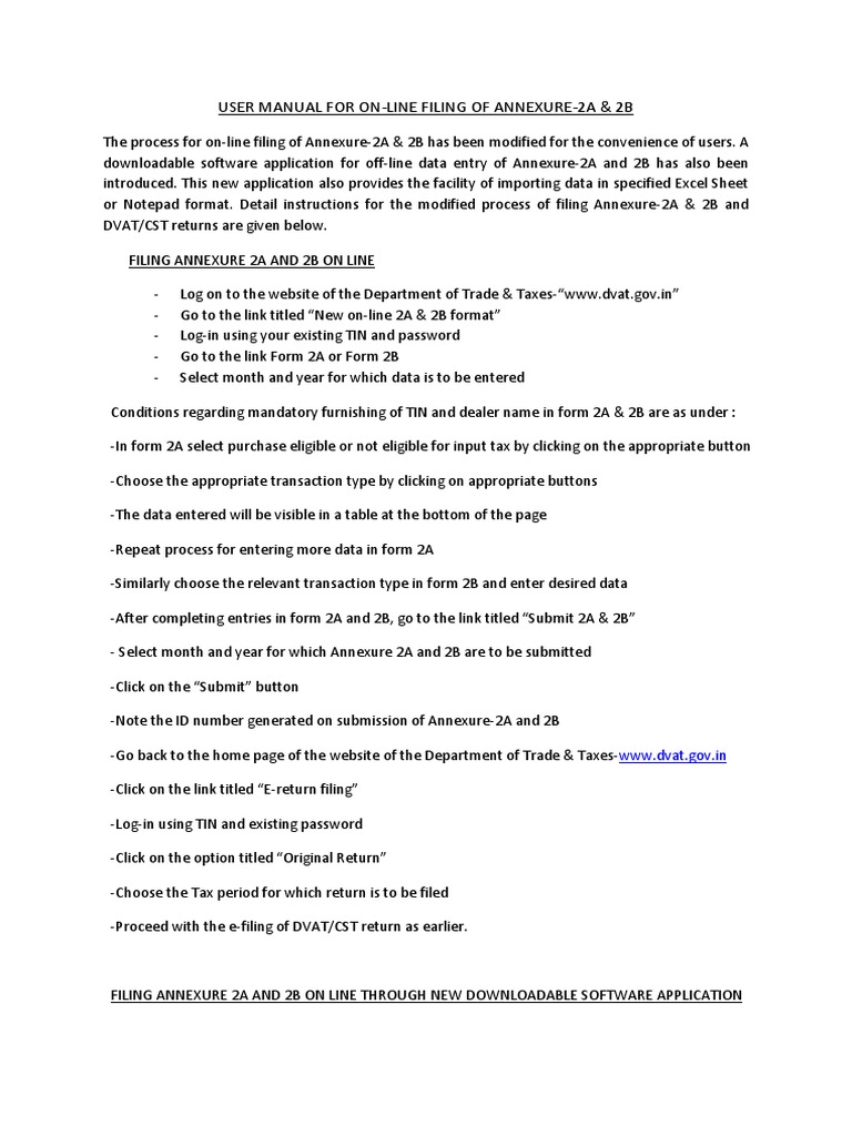 User Manual For On-Line Filing of Annexure-2A & 2B: WWW - Dvat.gov - in | PDF | Icon (Computing ...