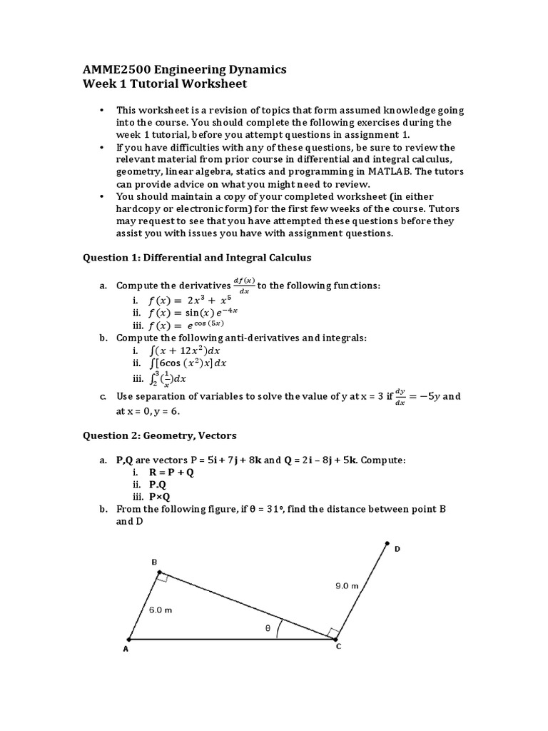 AMME2500 Engineering Dynamics Week 1 Tutorial Worksheet | PDF | Euclidean Vector | Force