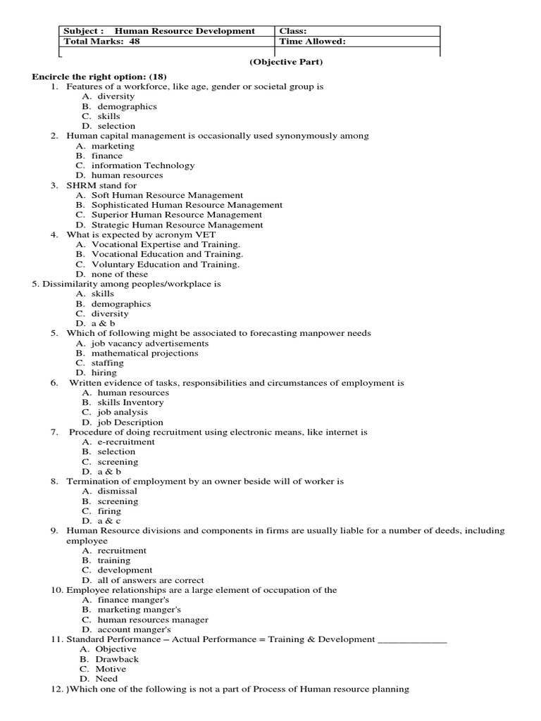 Subject: Human Resource Development Class: Total Marks: 48 Time Allowed ...