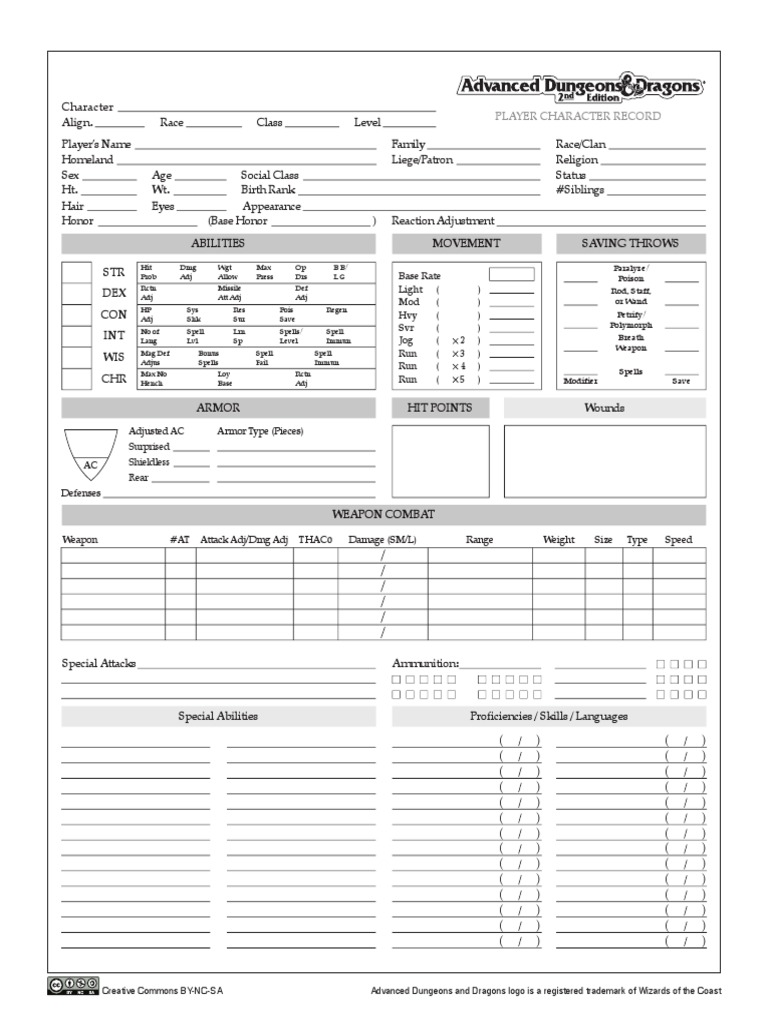 AD&D 2nd Edition Character Sheet | PDF | Role Playing Games | Leisure
