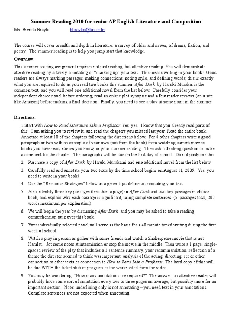 AP Literature Summer Reading 2010-11 | PDF | Reading Comprehension | Books