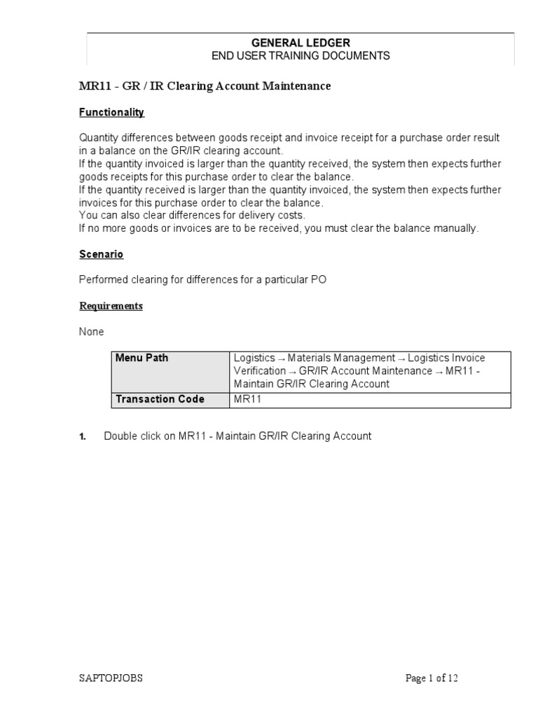 MR11 - GR / IR Clearing Account Maintenance: Cost Center Accounting ...
