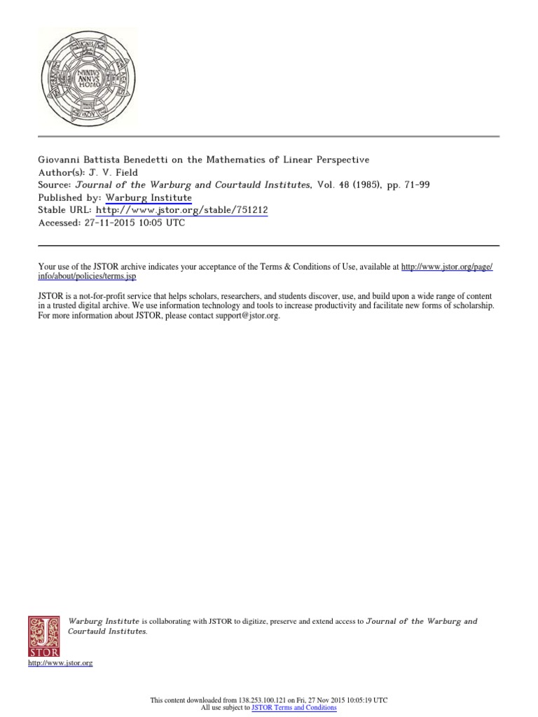 Giovanni Battista Benedetti On The Mathematics of Linear Perspective ...