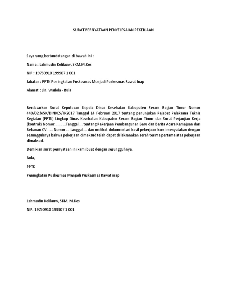 Surat Pernyataan Penyelesaian Pekerjaan | PDF