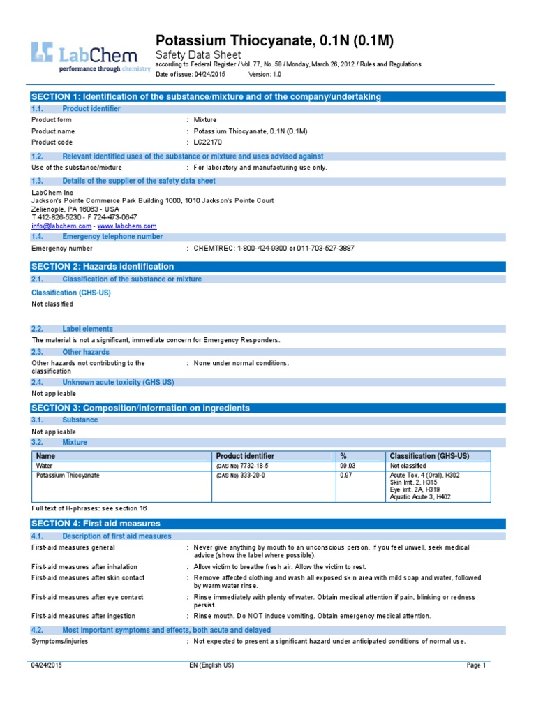 Potassium Thiocyanate, 0.1N (0.1M) : Safety Data Sheet | Download Free ...