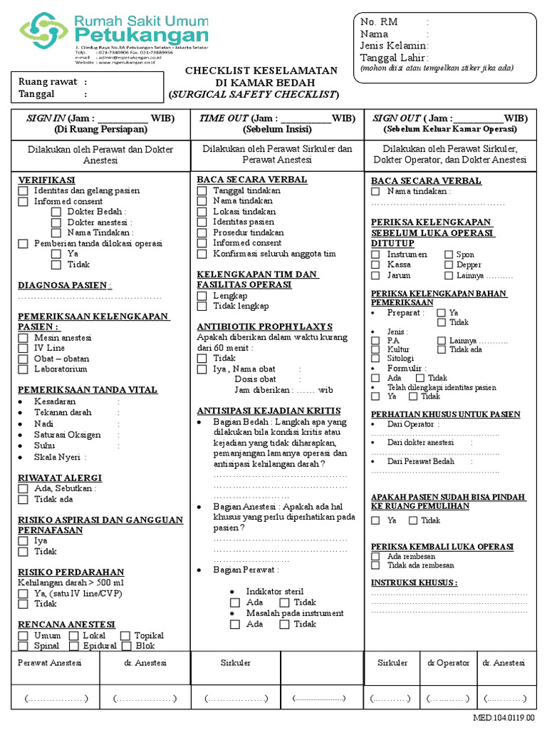 Form Surgical Safety Checklist | PDF