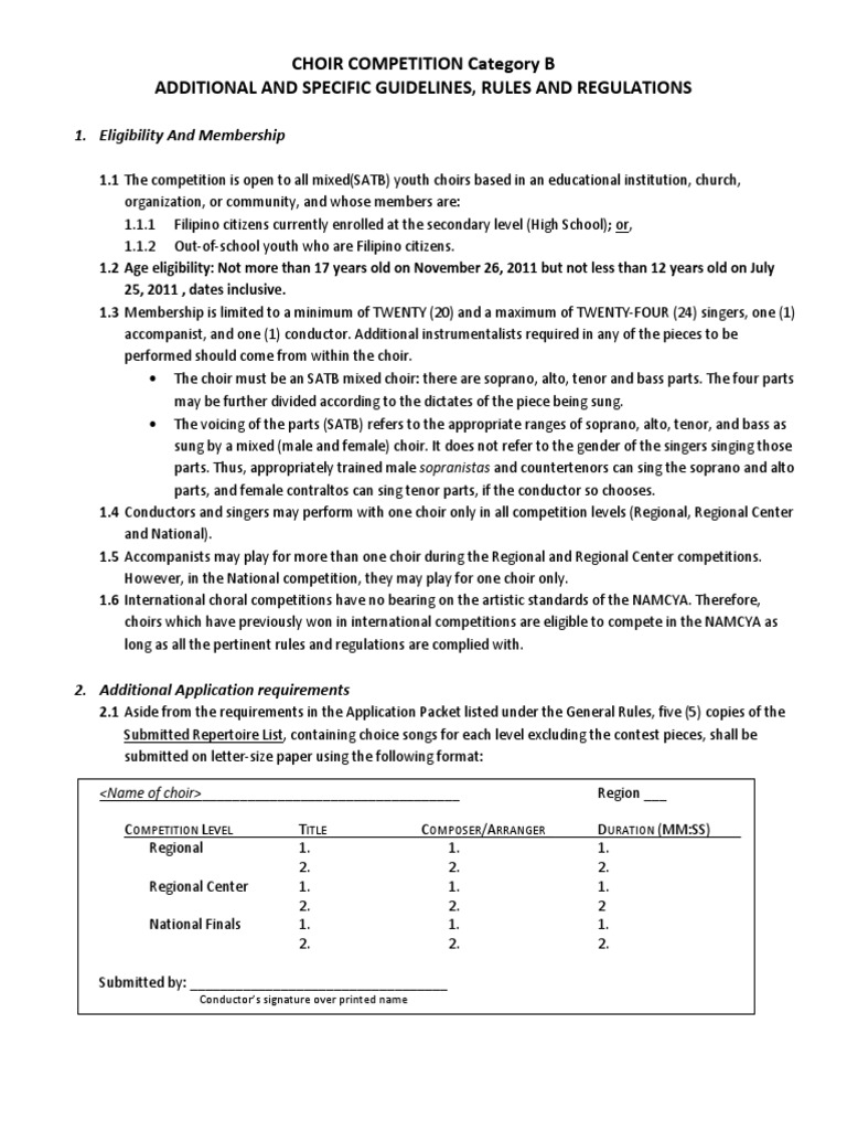 2011 Choir - ADDITIONAL AND SPECIFIC GUIDELINES, RULES AND REGULATIONS ...
