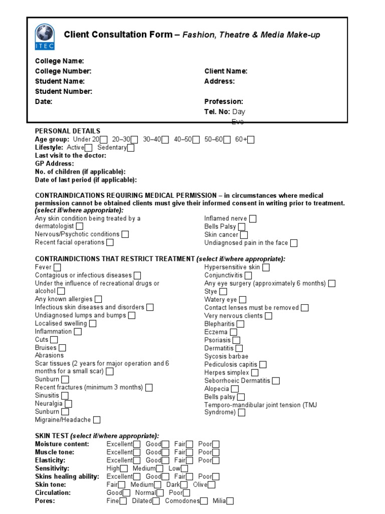 Printable Makeup Client Consultation Form - Printable Word Searches