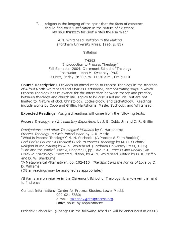 Introduction To Process Theology - Class Syllabus | PDF | Alfred North ...