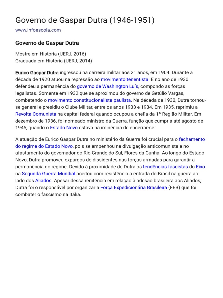 Governo de Gaspar Dutra (1946-1951) - História Do Brasil | PDF | Brasil ...