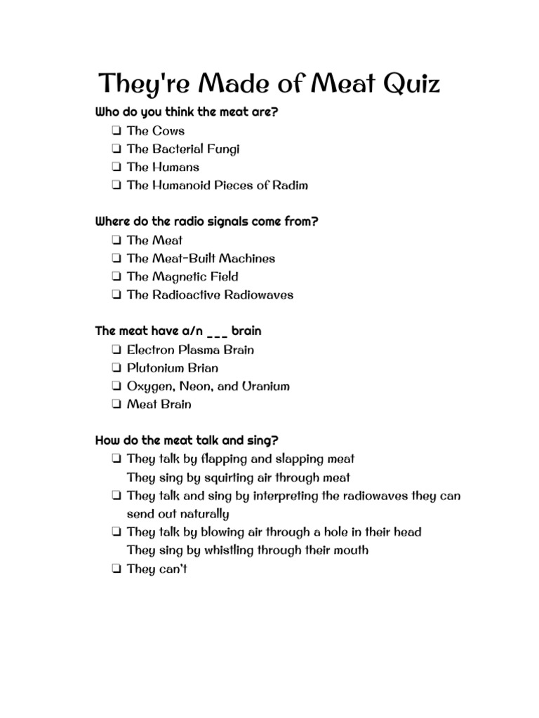Quiz on "They're Made of Meat" | PDF | Cooking, Food & Wine | Wellness