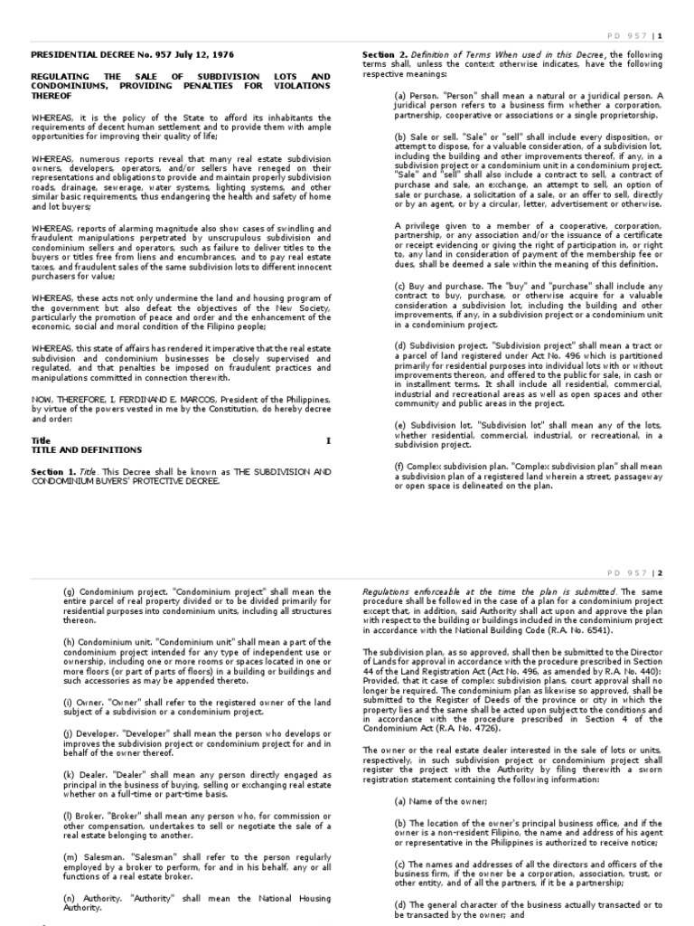 PD 957 | Download Free PDF | Mortgage Law | Condominium