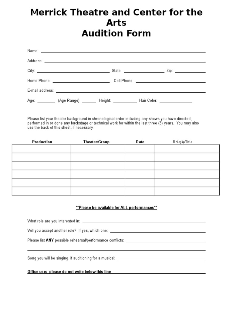 Merrick Theatre Audition Form | PDF