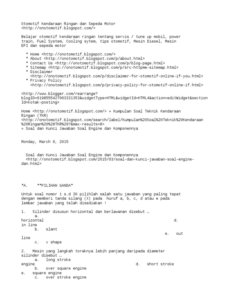 Soal Dan Kunci Jawaban Soal Engine Dan Komponennya Otomotif Kendaraan ...