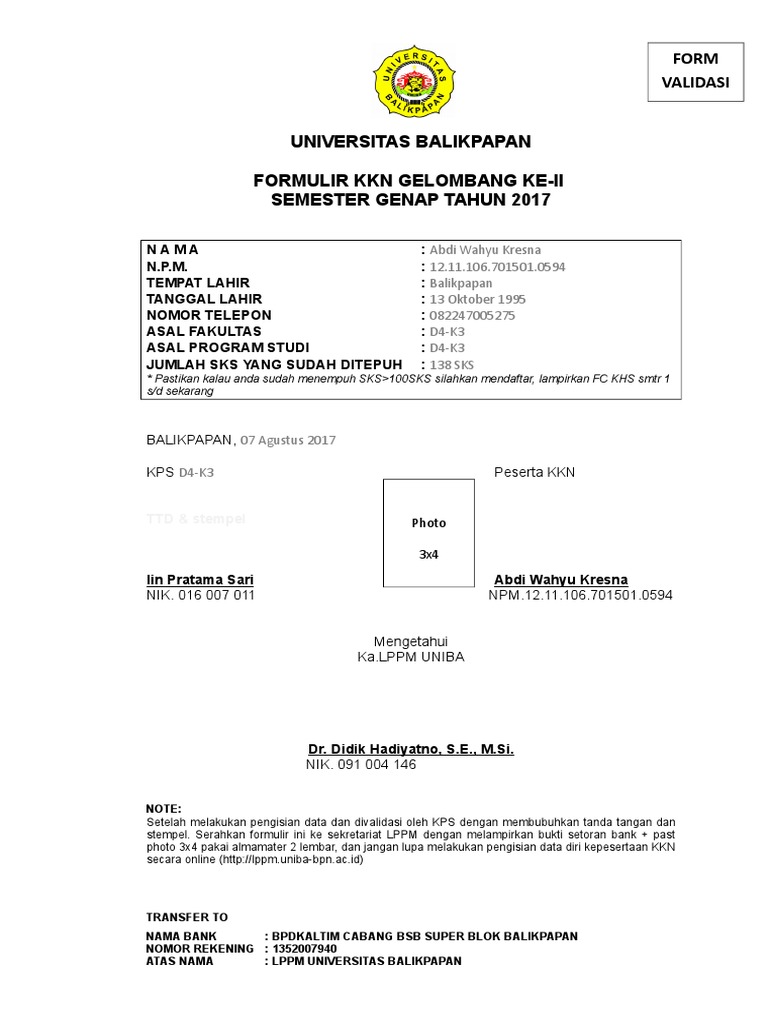Form Validasi KKN Uniba Gel Ke II Abdi | PDF