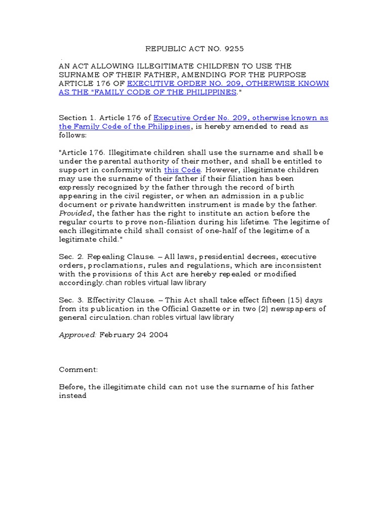 Republic Act No. 9255 - The Use of Surnames | PDF | Legitimacy (Family ...
