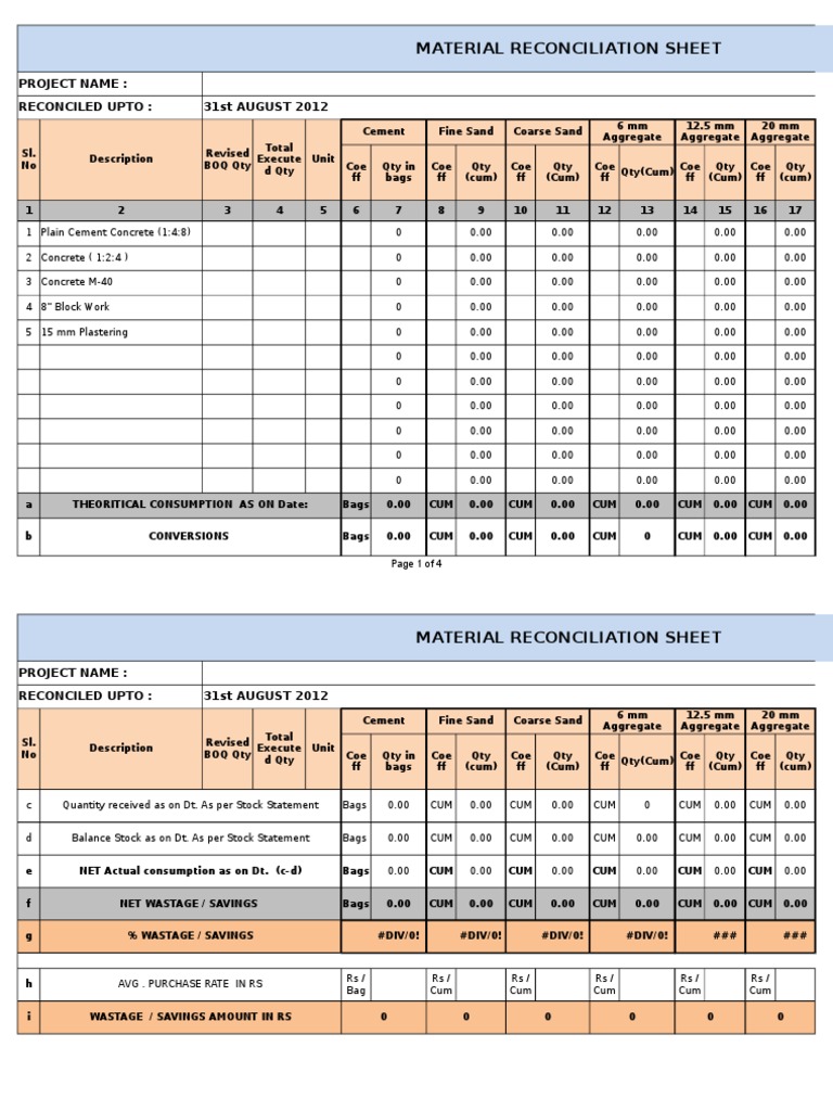Material Reconciliation Sheet Template | PDF | Sand | Building Technology