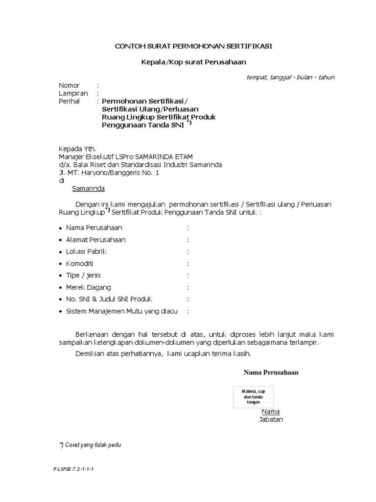 Contoh Surat Permohoan SNI | PDF | Bisnis | Komputer