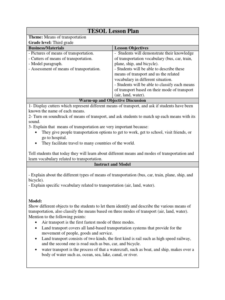 My TESOL Lesson Plan PDF | PDF | Land Transport | Transport