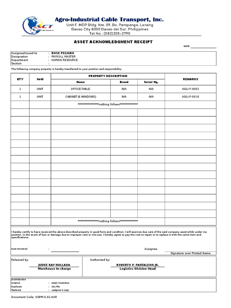 Asset Acknowledgment Receipt: Date | PDF