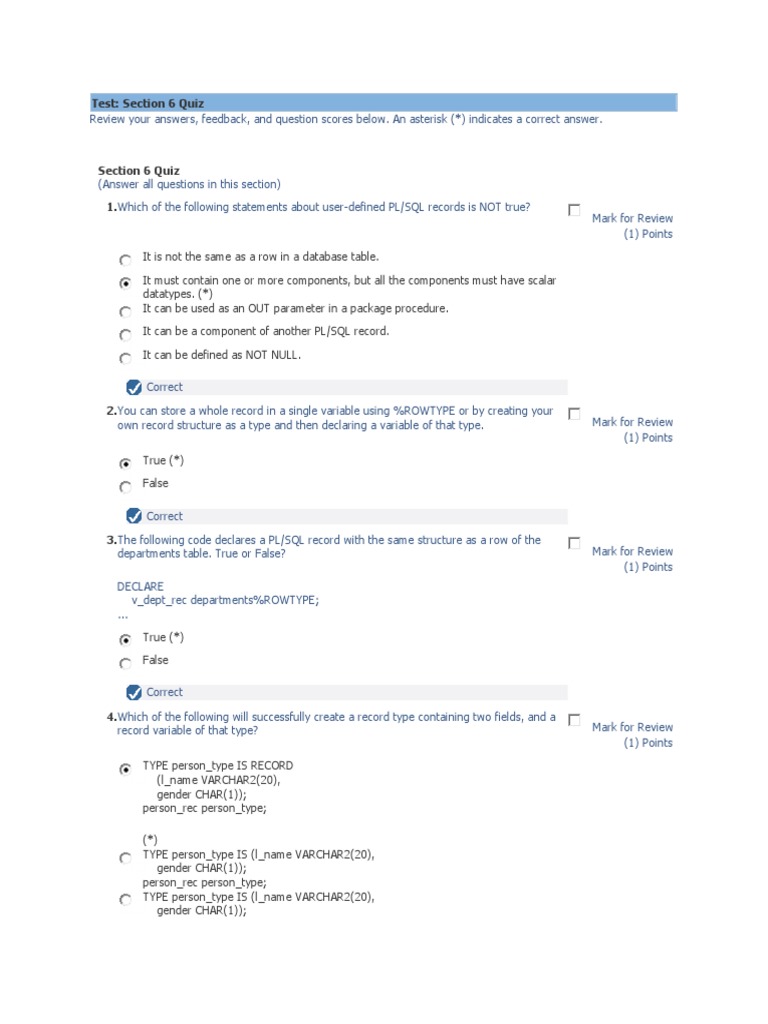 Section 6 Quiz Review | PDF | Pl/Sql | Database Index