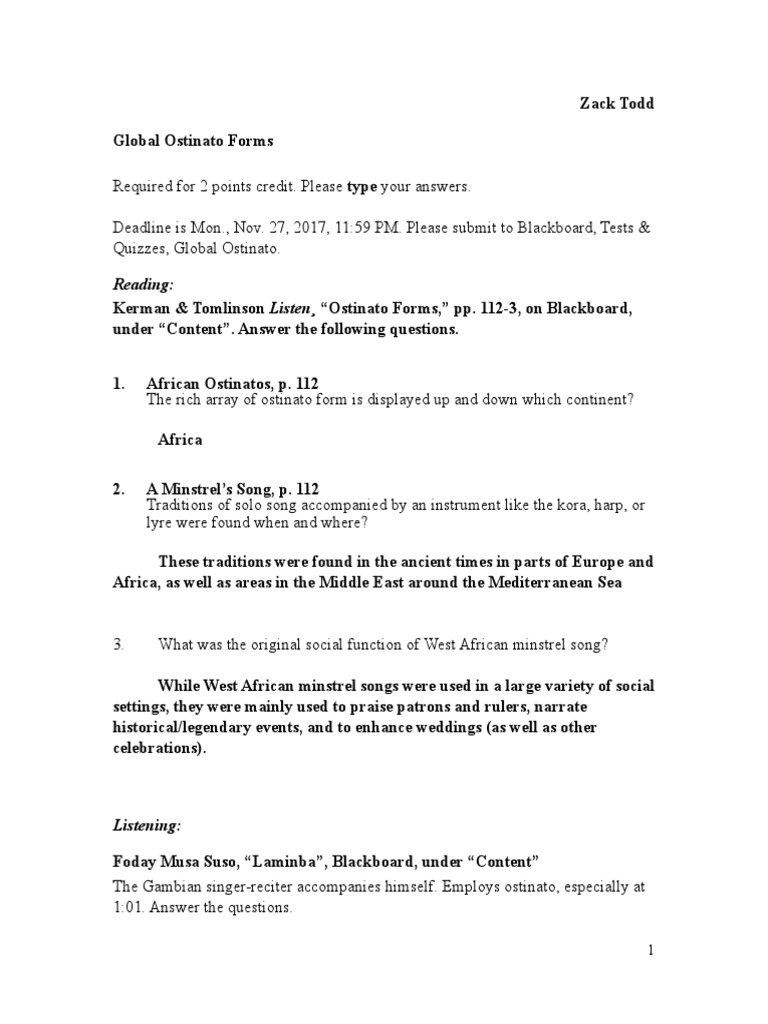 Global Ostinato Worksheet | PDF | Songs | String Instruments