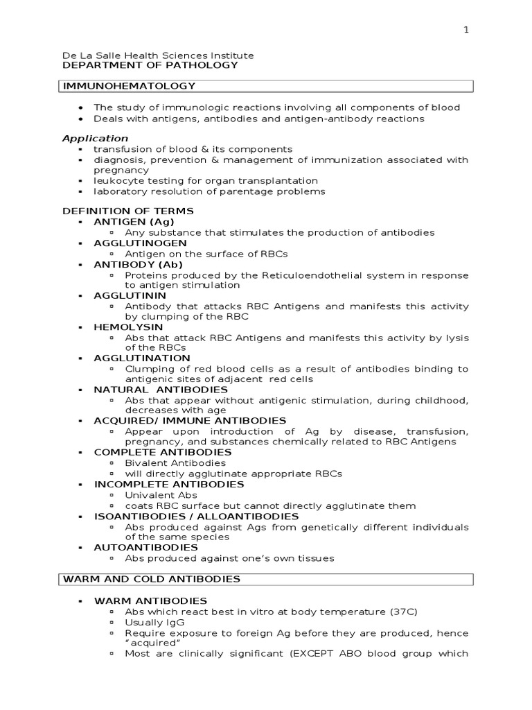 Immunohematology Handout PDF | Download Free PDF | Blood Type | Pathology