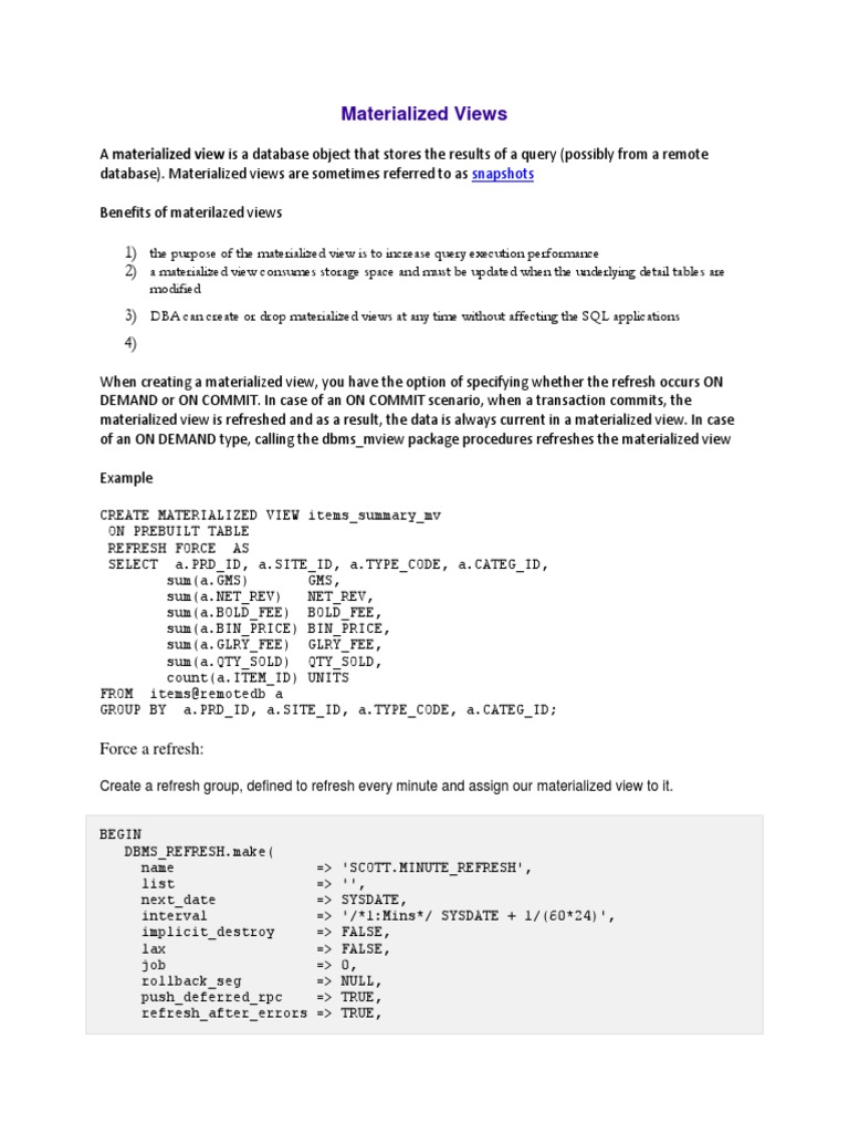 Materialized Views: Snapshots | PDF | Databases | Information Technology