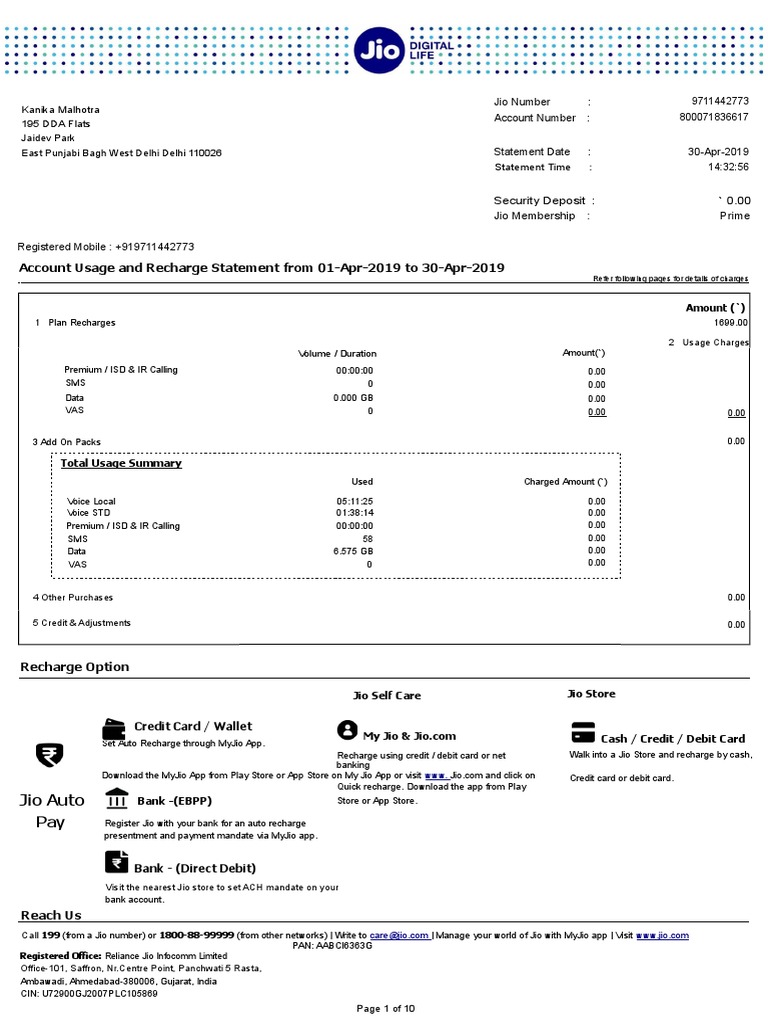 Account Usage and Recharge Statement From 01-Apr-2019 To 30-Apr-2019 ...
