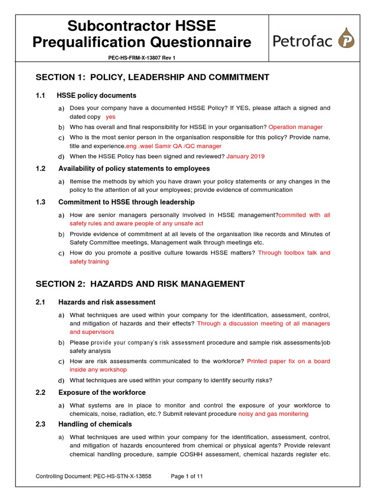 Subcontractor HSSE Prequalification Questionnaire | PDF | Audit ...