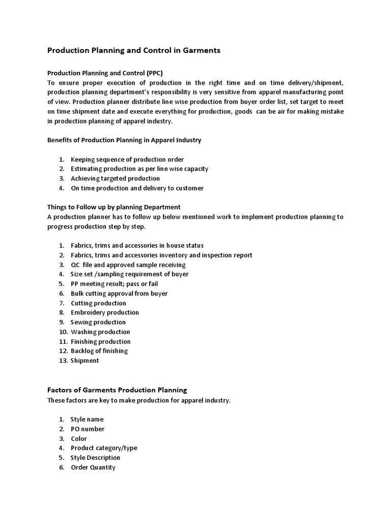 Production Planning and Control in Garments | PDF | Clothing | Sewing