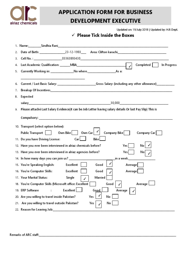 Application Form For Business Development Executive | PDF ...