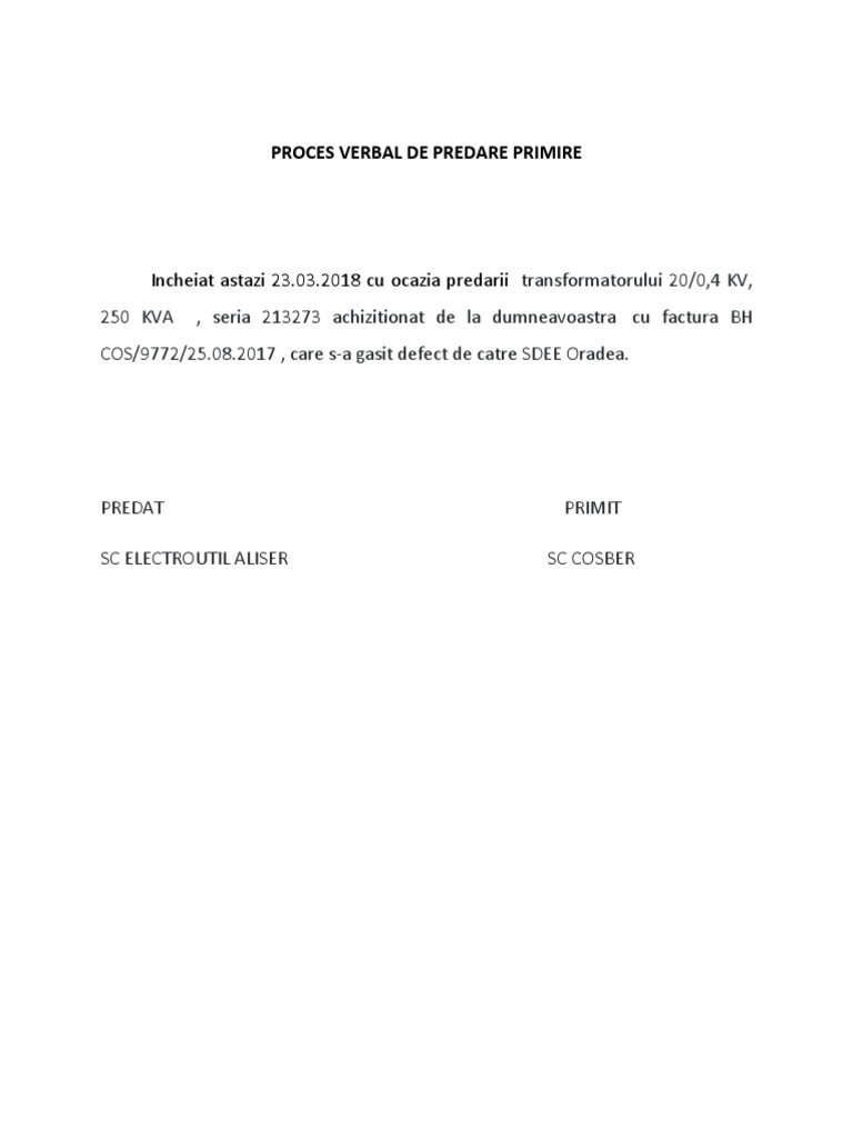 Proces Verbal de Predare Primire | PDF