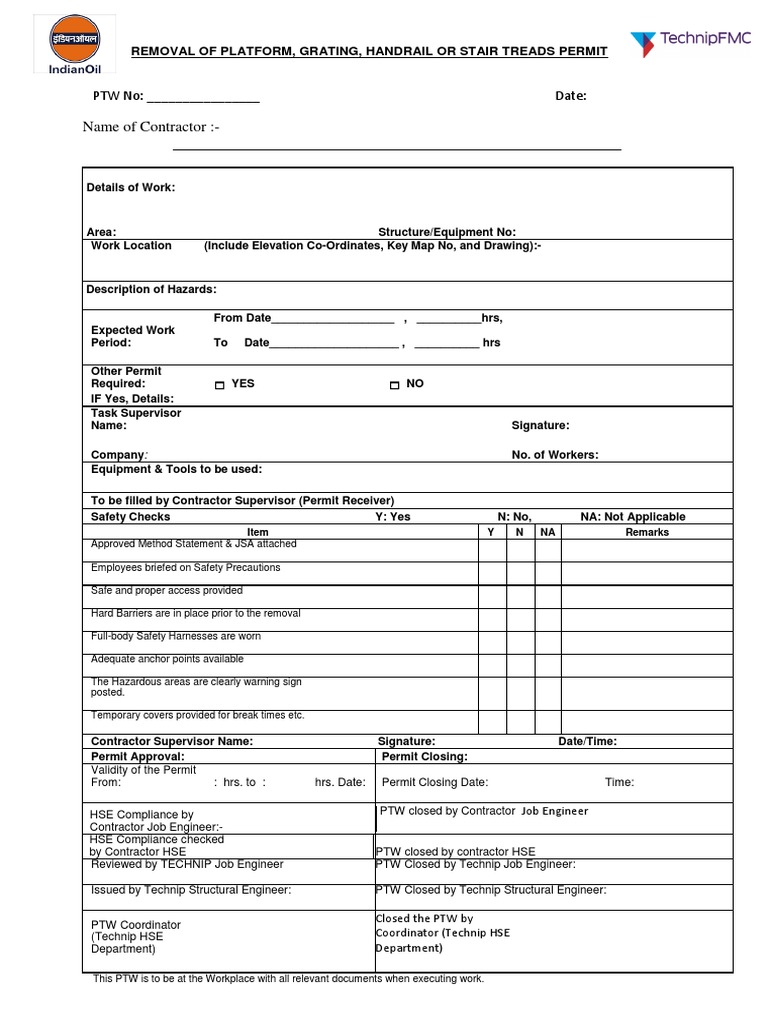 Grating Handrails Removal PTW Form | PDF | Business