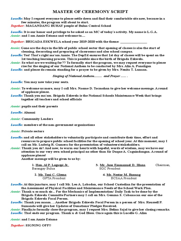 Master of Ceremony Script: Annie | PDF | Language Arts & Discipline