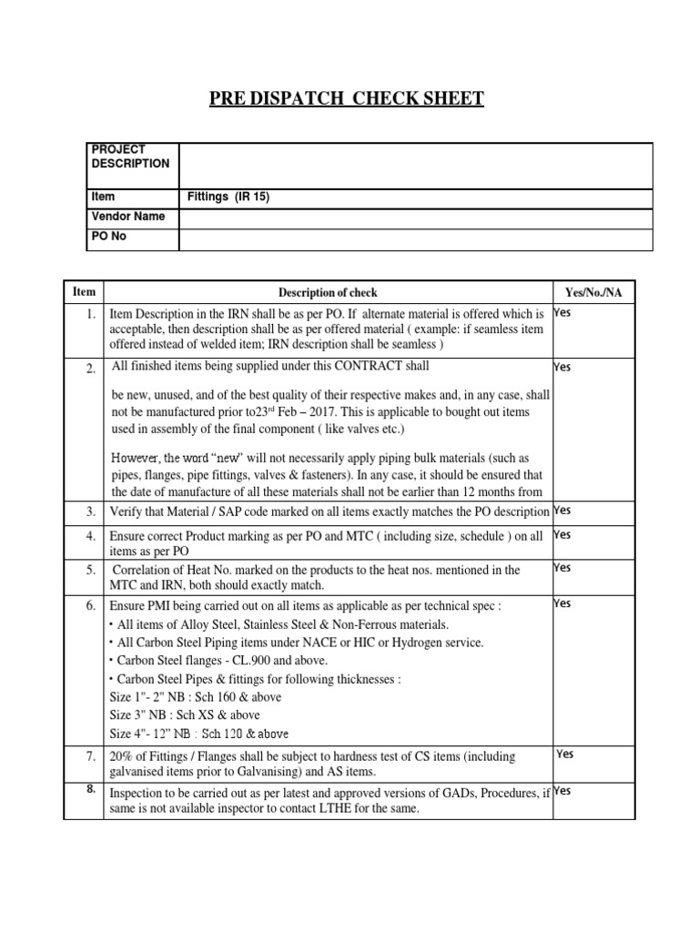 Pre Dispatch Checklist | Galvanization | Pipe (Fluid Conveyance) Pre Dispatch Checklist | Galvanization | Pipe (Fluid Conveyance)