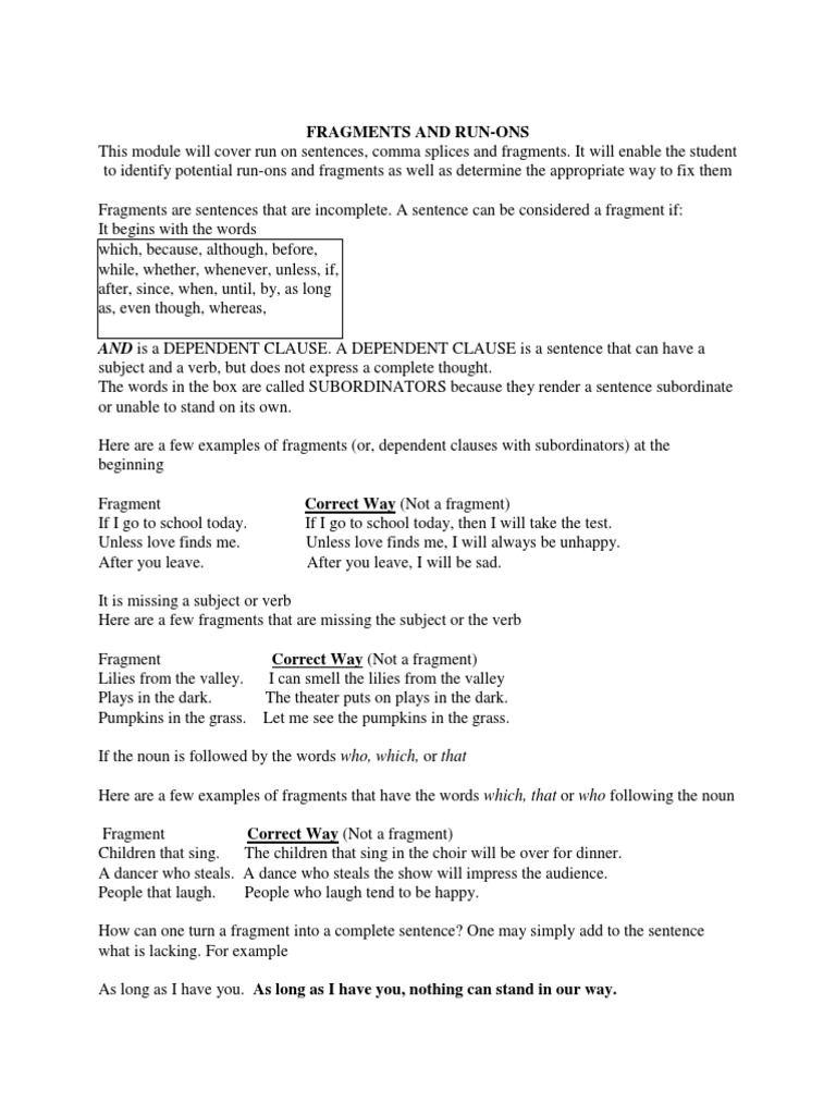 Fragments and Run-Ons | PDF | Comma | Sentence (Linguistics)