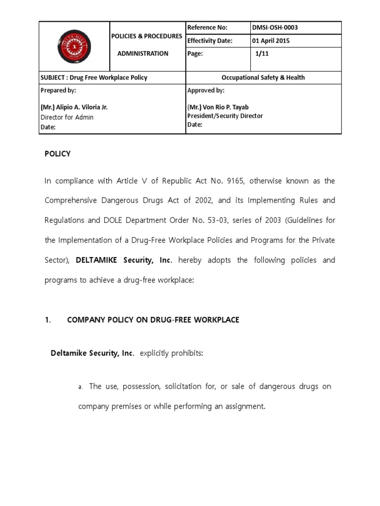 Drug Free Workplace Policy | PDF | Drug Test | Occupational Safety And ...