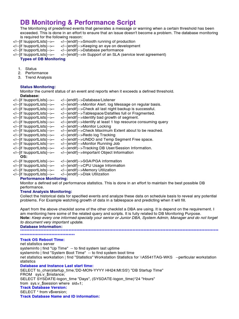 DB Monitoring & Performance Script | Download Free PDF | Oracle Database | Backup