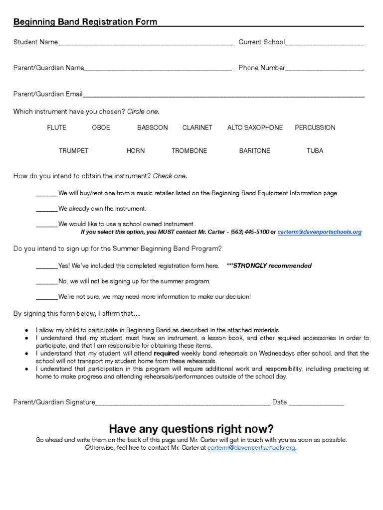 Beginning Band Registration - Registration Form | PDF | Musical ...