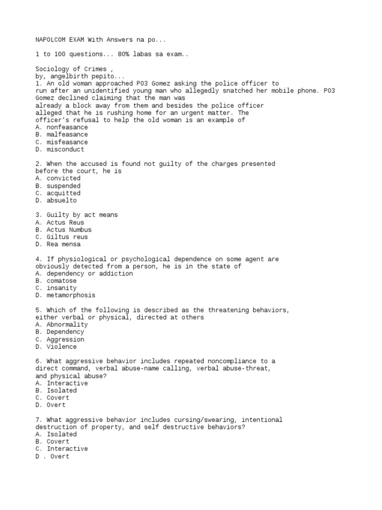 NAPOLCOM EXAM Practice Questions on Sociology of Crimes and Criminal ...
