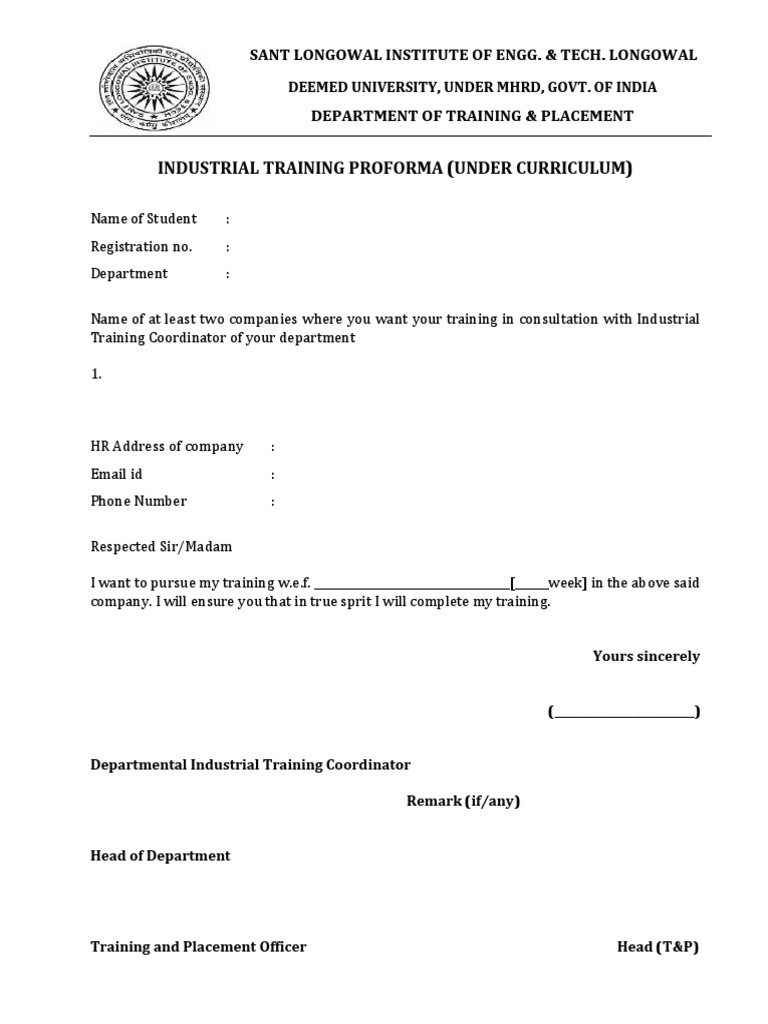Industrial Training Proforma (Under Curriculum) : Deemed University ...